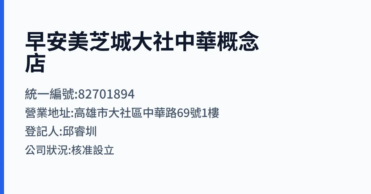 早安美芝城大社中華概念店 - 統編 82701894(高雄市) 公司登記資料與營業項目詳細圖表