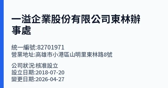 一溢企業股份有限公司東林辦事處的照片-統編 82701971(高雄市) 公司登記資料與營業項目詳細圖表