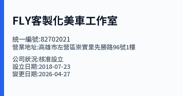 FLY客製化美車工作室的照片-統編 82702021(高雄市) 公司登記資料與營業項目詳細圖表