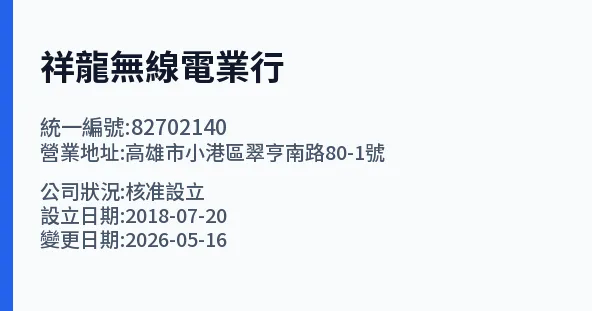 祥龍無線電業行的照片-統編 82702140(高雄市) 公司登記資料與營業項目詳細圖表