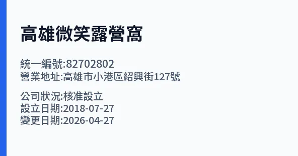 高雄微笑露營窩的照片-統編 82702802(高雄市) 公司登記資料與營業項目詳細圖表