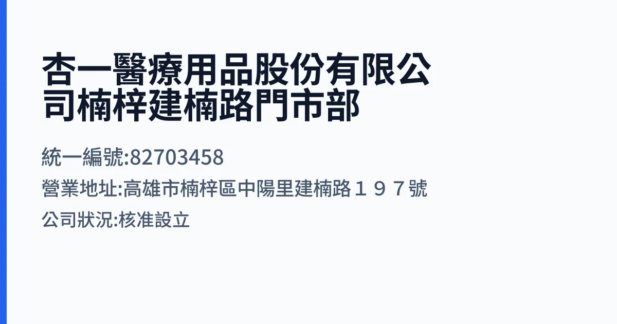 杏一醫療用品股份有限公司楠梓建楠路門市部 - 統編 82703458(高雄市) 公司登記資料與營業項目詳細圖表