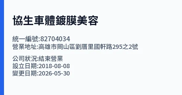協生車體鍍膜美容的照片-統編 82704034(高雄市) 公司登記資料與營業項目詳細圖表