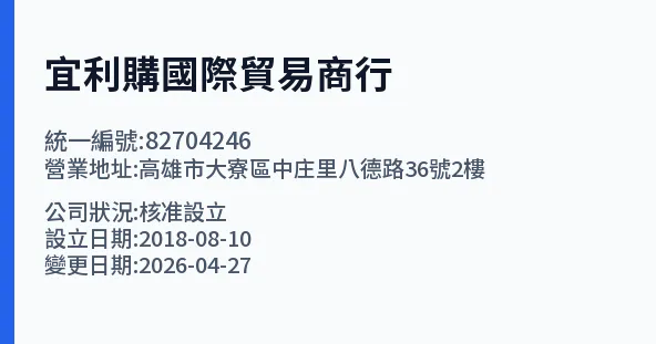 宜利購國際貿易商行的照片-統編 82704246(高雄市) 公司登記資料與營業項目詳細圖表