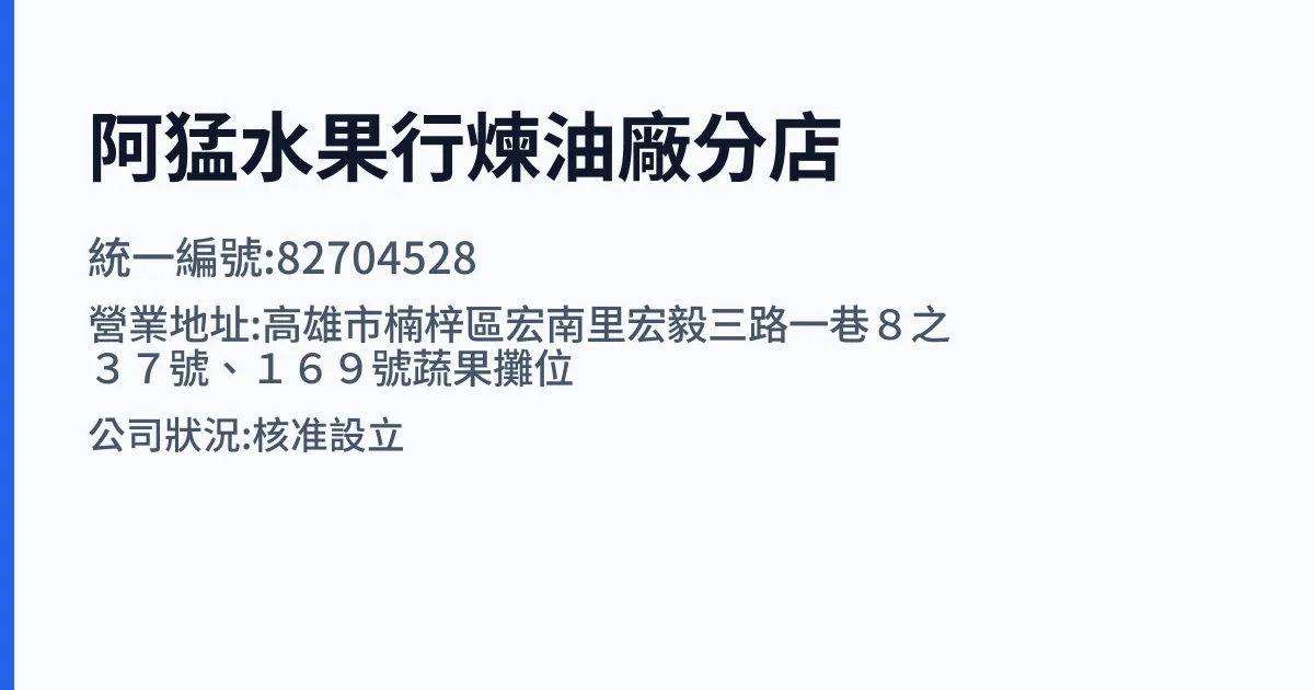 阿猛水果行煉油廠分店 - 統編 82704528(高雄市) 公司登記資料與營業項目詳細圖表