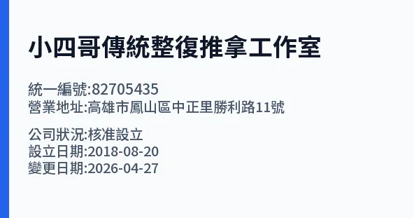 小四哥傳統整復推拿工作室的照片-統編 82705435(高雄市) 公司登記資料與營業項目詳細圖表