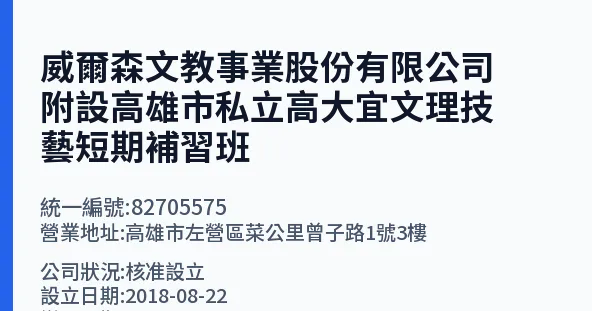 威爾森文教事業股份有限公司附設高雄市私立高大宜文理技藝短期補習班的照片-統編 82705575(高雄市) 公司登記資料與營業項目詳細圖表