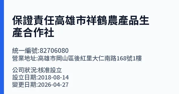 保證責任高雄市祥鶴農產品生產合作社的照片-統編 82706080(高雄市) 公司登記資料與營業項目詳細圖表