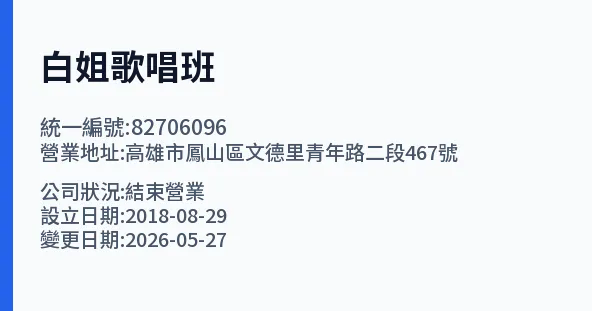 白姐歌唱班的照片-統編 82706096(高雄市) 公司登記資料與營業項目詳細圖表
