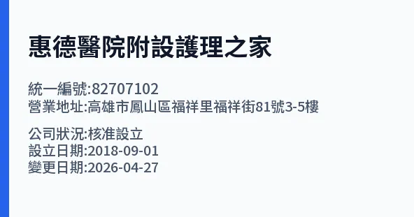 惠德醫院附設護理之家的照片-統編 82707102(高雄市) 公司登記資料與營業項目詳細圖表