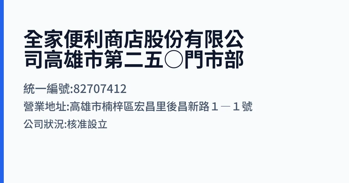 全家便利商店股份有限公司高雄市第二五○門市部 - 統編 82707412(高雄市) 公司登記資料與營業項目詳細圖表