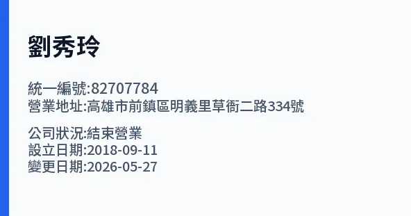 劉秀玲的照片-統編 82707784(高雄市) 公司登記資料與營業項目詳細圖表