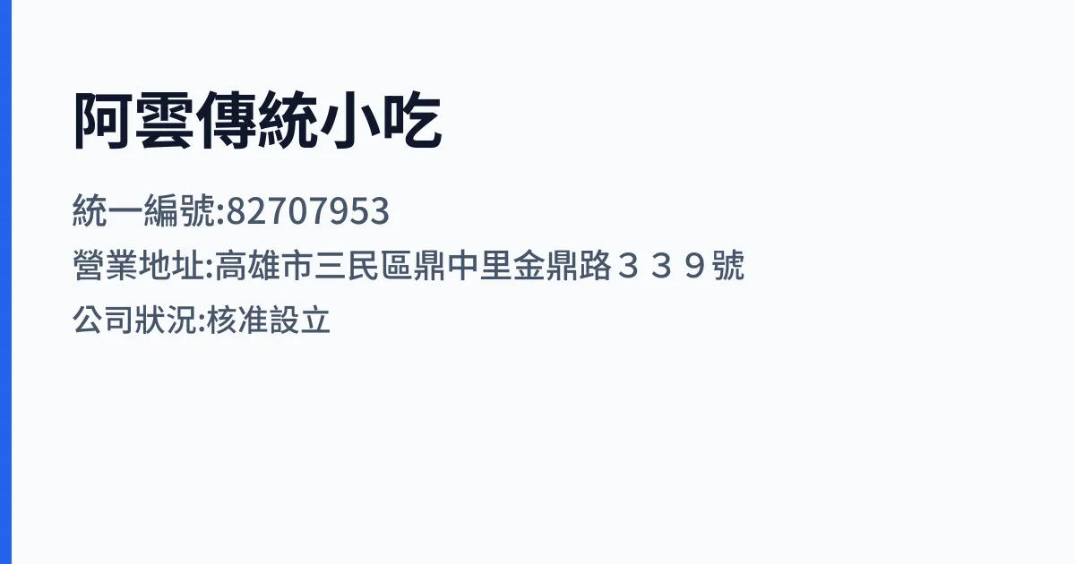 阿雲傳統小吃 - 統編 82707953(高雄市) 公司登記資料與營業項目詳細圖表