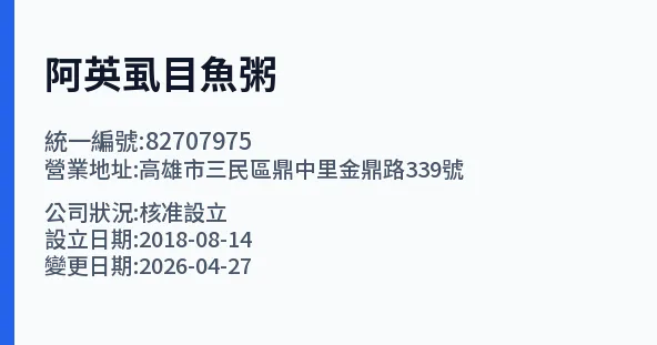 阿英虱目魚粥的照片-統編 82707975(高雄市) 公司登記資料與營業項目詳細圖表