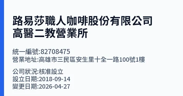 路易莎職人咖啡股份有限公司高醫二教營業所的照片-統編 82708475(高雄市) 公司登記資料與營業項目詳細圖表