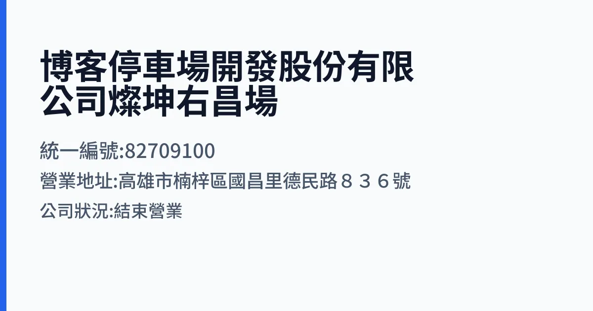 博客停車場開發股份有限公司燦坤右昌場 - 統編 82709100(高雄市) 公司登記資料與營業項目詳細圖表