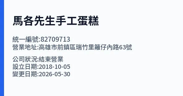 馬各先生手工蛋糕的照片-統編 82709713(高雄市) 公司登記資料與營業項目詳細圖表