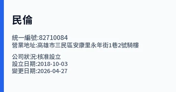民倫的照片-統編 82710084(高雄市) 公司登記資料與營業項目詳細圖表