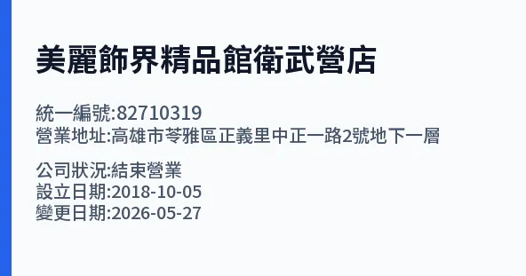 美麗飾界精品館衛武營店的照片-統編 82710319(高雄市) 公司登記資料與營業項目詳細圖表