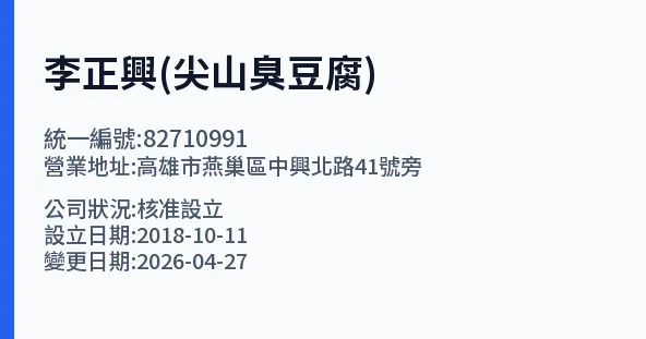 李正興(尖山臭豆腐)的照片-統編 82710991(高雄市) 公司登記資料與營業項目詳細圖表