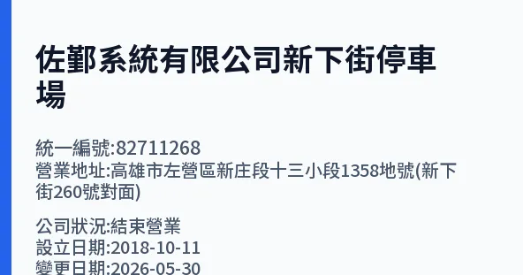 佐鄞系統有限公司新下街停車場的照片-統編 82711268(高雄市) 公司登記資料與營業項目詳細圖表