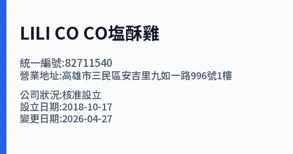 LILI CO CO塩酥雞的照片-統編 82711540(高雄市) 公司登記資料與營業項目詳細圖表
