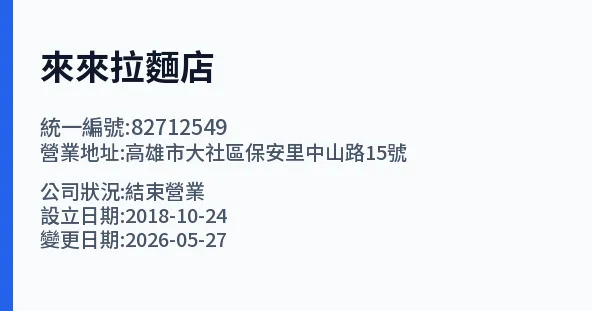 來來拉麵店的照片-統編 82712549(高雄市) 公司登記資料與營業項目詳細圖表