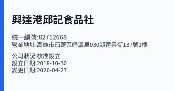 興達港邱記食品社的照片-統編 82712668(高雄市) 公司登記資料與營業項目詳細圖表