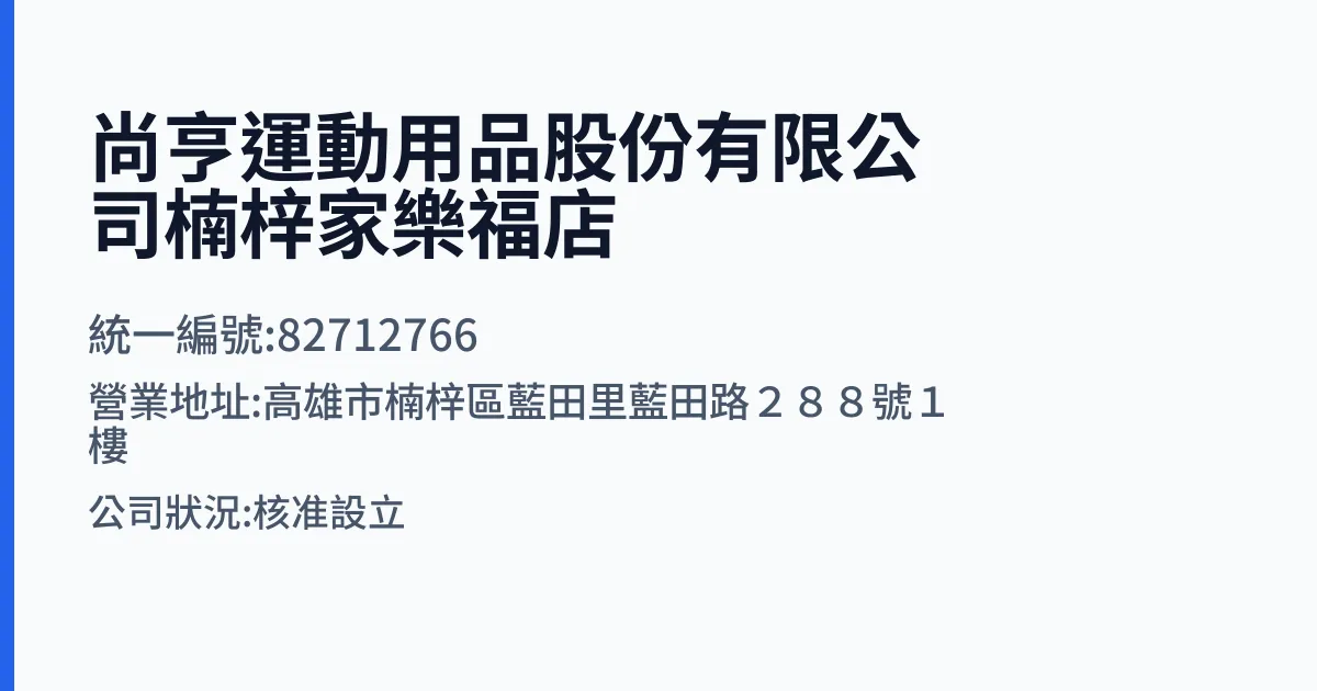 尚亨運動用品股份有限公司楠梓家樂福店 - 統編 82712766(高雄市) 公司登記資料與營業項目詳細圖表
