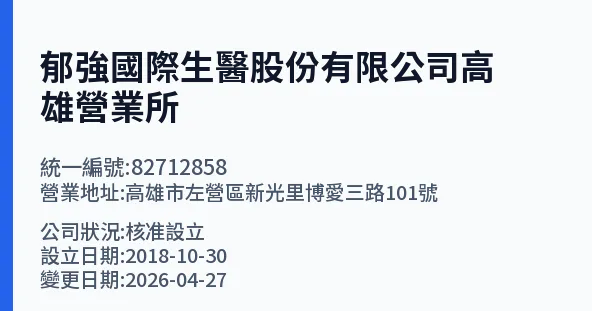 郁強國際生醫股份有限公司高雄營業所的照片-統編 82712858(高雄市) 公司登記資料與營業項目詳細圖表