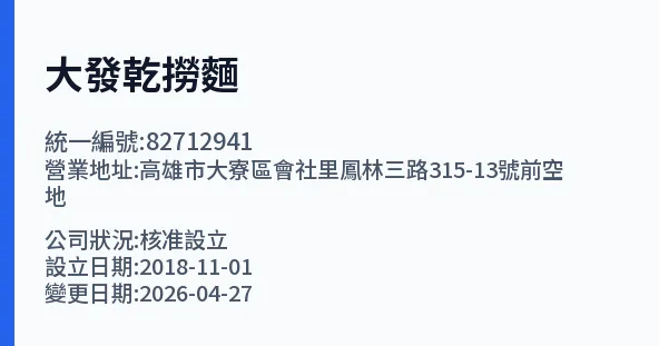 大發乾撈麵的照片-統編 82712941(高雄市) 公司登記資料與營業項目詳細圖表