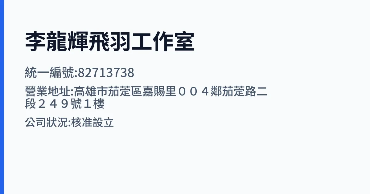 李龍輝飛羽工作室 - 統編 82713738(高雄市) 公司登記資料與營業項目詳細圖表
