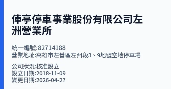 俥亭停車事業股份有限公司左洲營業所的照片-統編 82714188(高雄市) 公司登記資料與營業項目詳細圖表