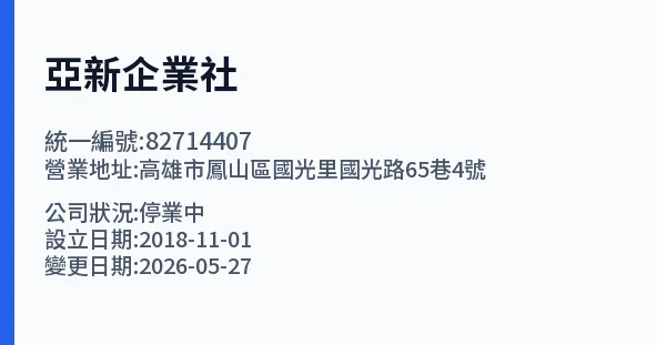 亞新企業社的照片-統編 82714407(高雄市) 公司登記資料與營業項目詳細圖表