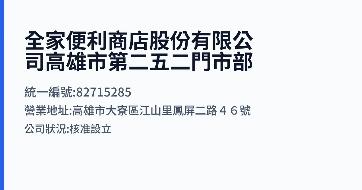 全家便利商店股份有限公司高雄市第二五二門市部 - 統編 82715285（高雄市） 公司登記資料與營業項目詳細圖表