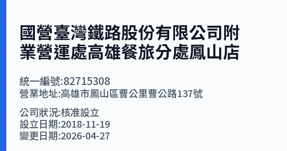 國營臺灣鐵路股份有限公司附業營運處高雄餐旅分處鳳山店的照片-統編 82715308(高雄市) 公司登記資料與營業項目詳細圖表