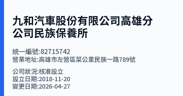 九和汽車股份有限公司高雄分公司民族保養所的照片-統編 82715742(高雄市) 公司登記資料與營業項目詳細圖表