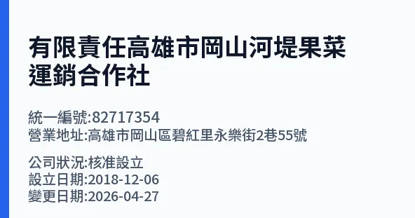 有限責任高雄市岡山河堤果菜運銷合作社的照片-統編 82717354(高雄市) 公司登記資料與營業項目詳細圖表