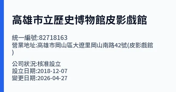 高雄市立歷史博物館皮影戲館的照片-統編 82718163(高雄市) 公司登記資料與營業項目詳細圖表