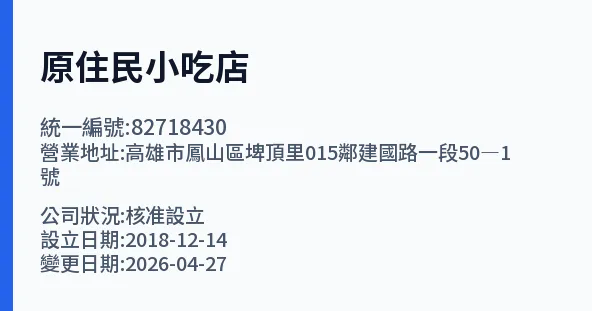 原住民小吃店的照片-統編 82718430(高雄市) 公司登記資料與營業項目詳細圖表