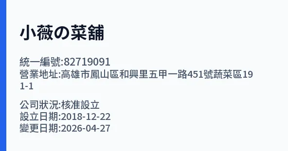 小薇の菜舖的照片-統編 82719091(高雄市) 公司登記資料與營業項目詳細圖表