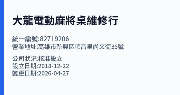 大龍電動麻將桌維修行的照片-統編 82719206(高雄市) 公司登記資料與營業項目詳細圖表