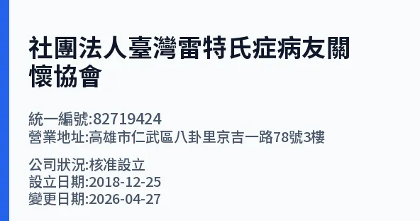 社團法人臺灣雷特氏症病友關懷協會的照片-統編 82719424(高雄市) 公司登記資料與營業項目詳細圖表