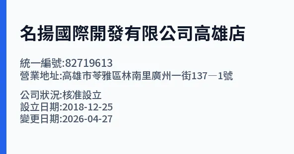 名揚國際開發有限公司高雄店的照片-統編 82719613(高雄市) 公司登記資料與營業項目詳細圖表