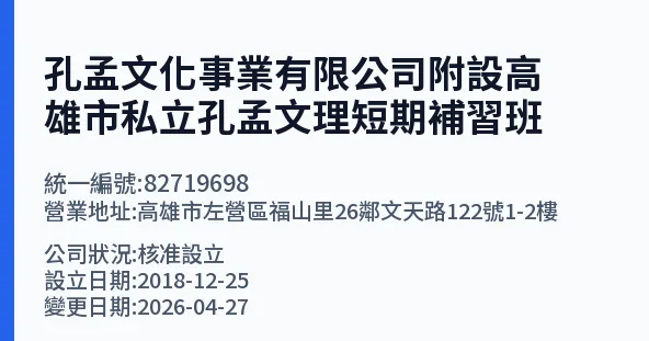 孔孟文化事業有限公司附設高雄市私立孔孟文理短期補習班的照片-統編 82719698(高雄市) 公司登記資料與營業項目詳細圖表