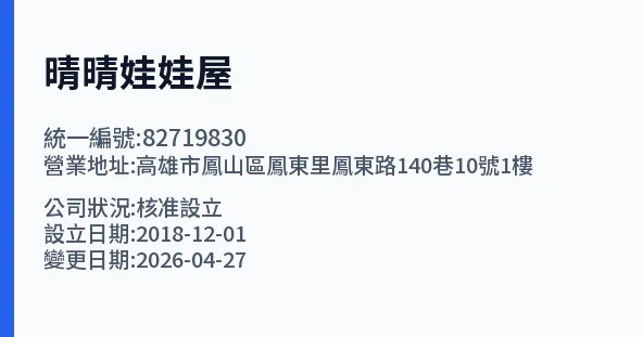晴晴娃娃屋的照片-統編 82719830(高雄市) 公司登記資料與營業項目詳細圖表
