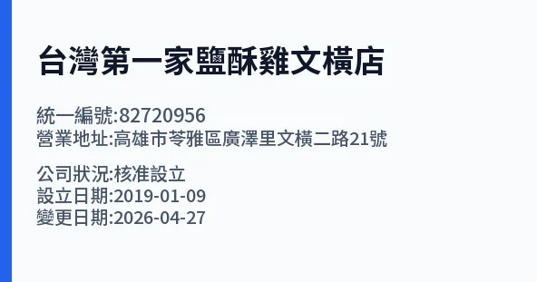 台灣第一家鹽酥雞文橫店的照片-統編 82720956(高雄市) 公司登記資料與營業項目詳細圖表