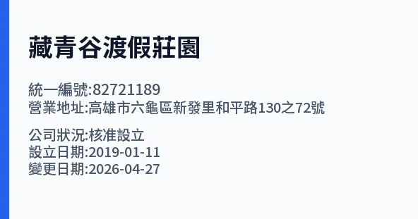 藏青谷渡假莊園的照片-統編 82721189(高雄市) 公司登記資料與營業項目詳細圖表