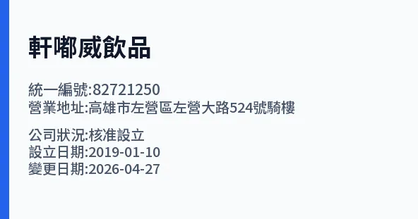 軒嘟威飲品的照片-統編 82721250(高雄市) 公司登記資料與營業項目詳細圖表