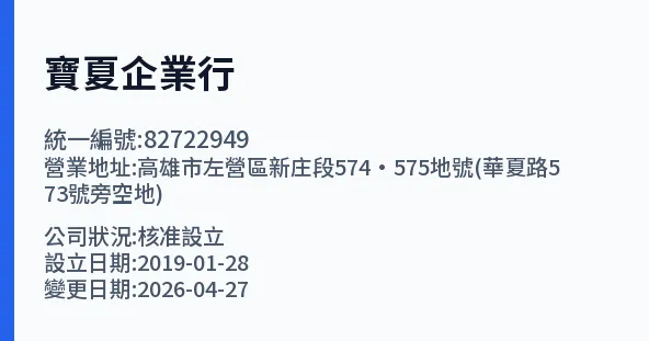 寶夏企業行的照片-統編 82722949(高雄市) 公司登記資料與營業項目詳細圖表